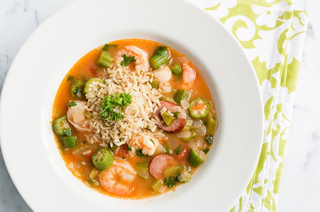 Healthy Low Country Gumbo and Rice with Chicken Sausage
